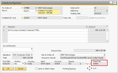 SAP Business One Knowledge: Auto-Numbering Check Set-up in SAP Business One
