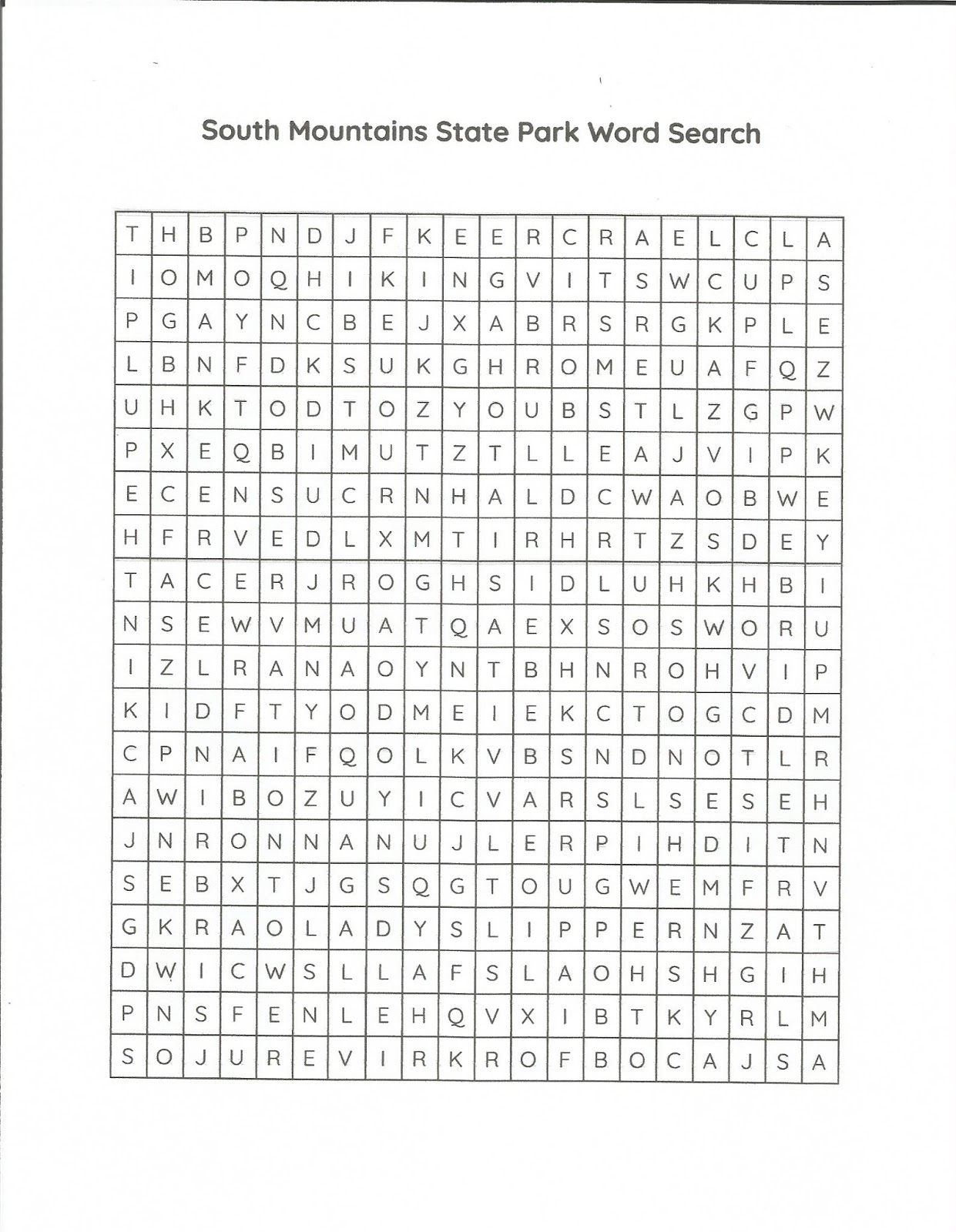 Student Survive 2 Thrive: South Mountains State Park Word Search