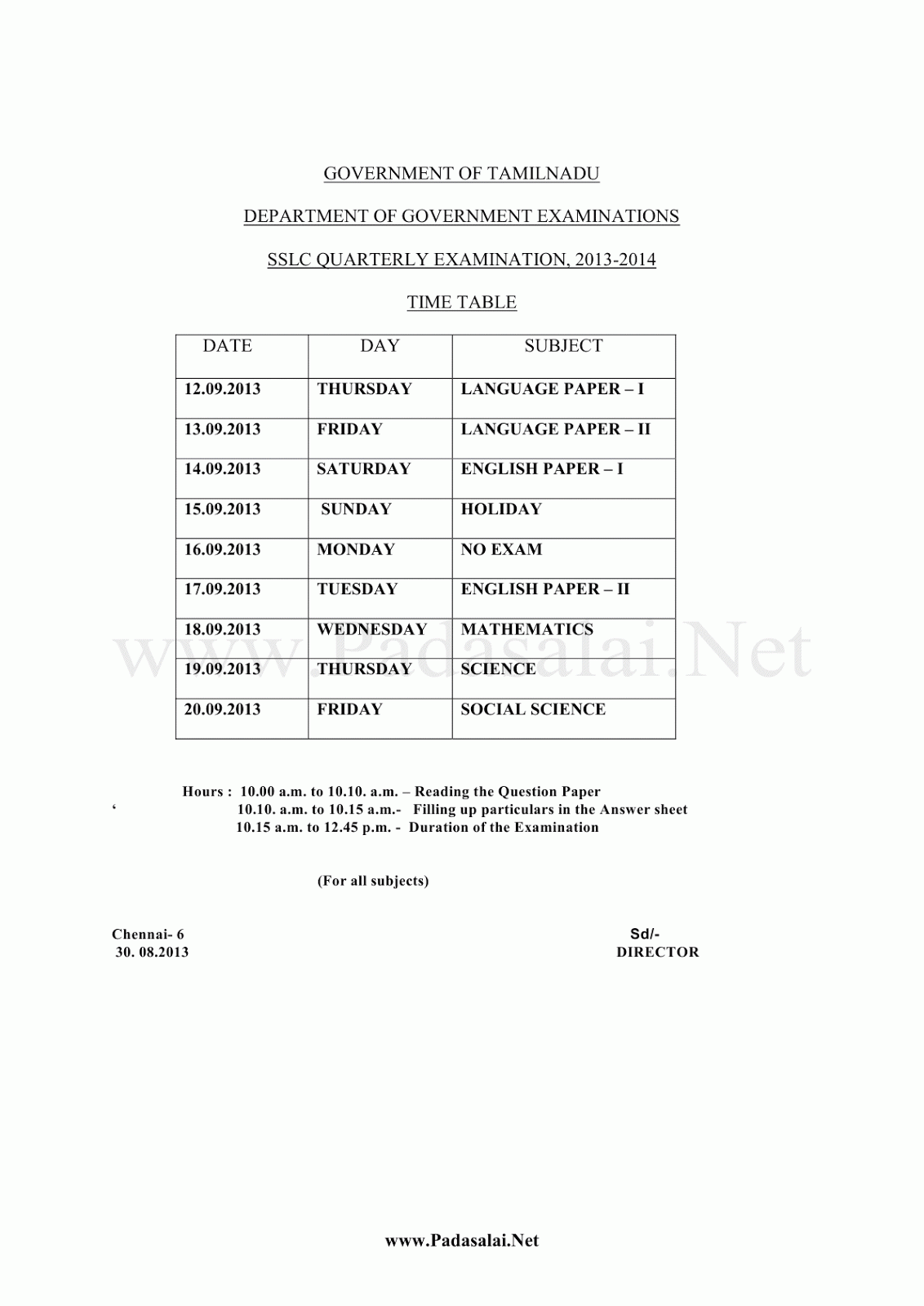 DGE - Quarterly Exam Time Table for 10th & 12th Std. - TRB TNPSC