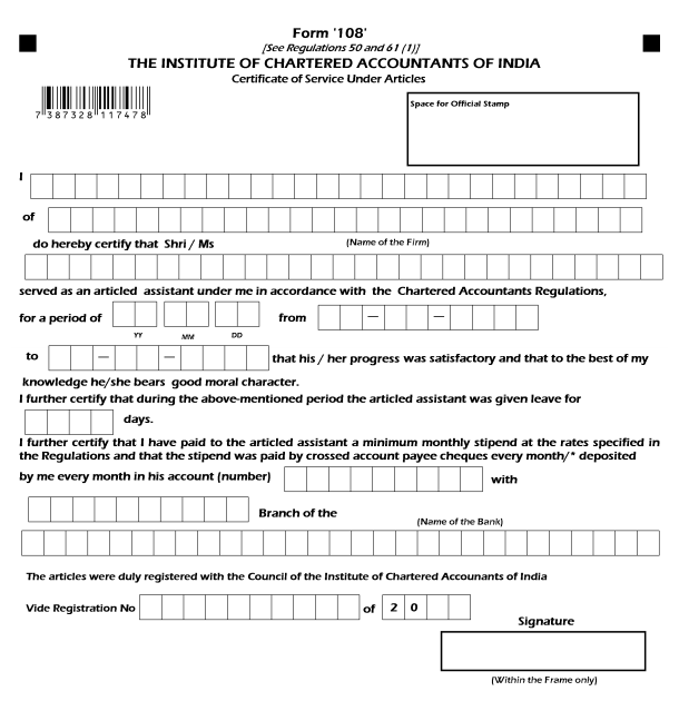 Articleship Completion Certificate - Form 108