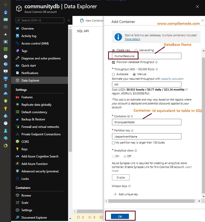 Creating Azure Cosmos DB Using Azure Portal