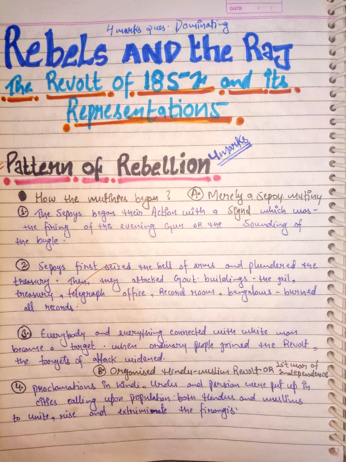 Handwritten Notes of Rebels and Raj - History - Class 12th - Humanities