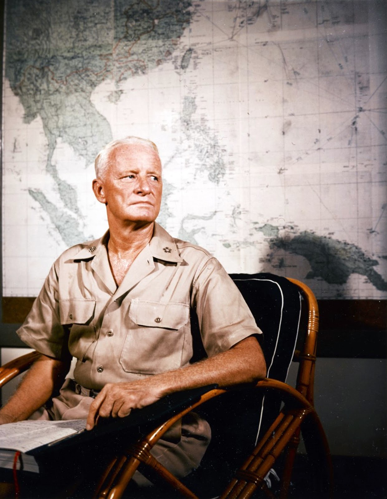 World War II in Color: Chester W. Nimitz Sitting in a Bamboo Chair