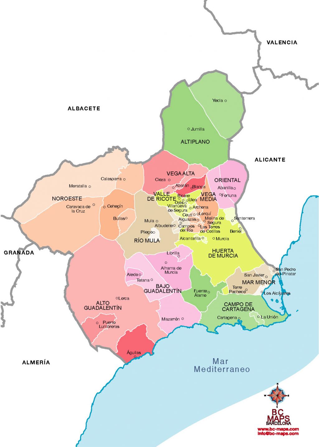Mapas físicos y políticos: Mapa físico y político de la Región de Murcia
