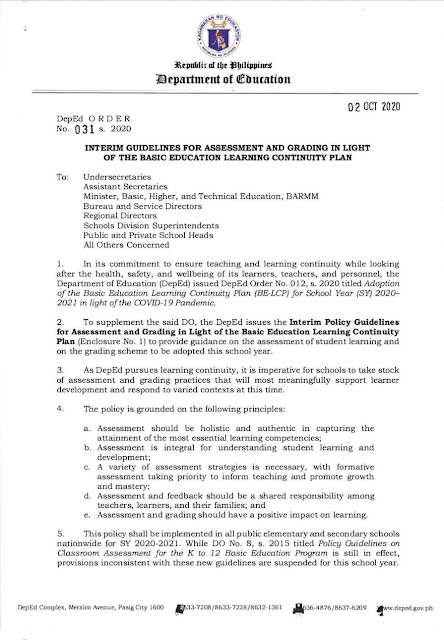 Lun Padidu National High School: Deped Order No. 31, s. 2020 Interim Guidelines for Assessment ...