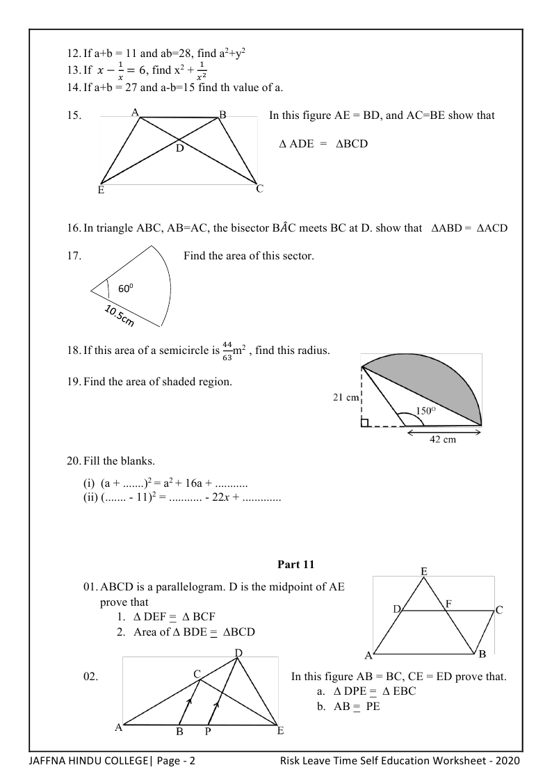 Grade 10 Maths 2020 COVID 19 Task Work Sheet J/Jaffna Hindu College ...