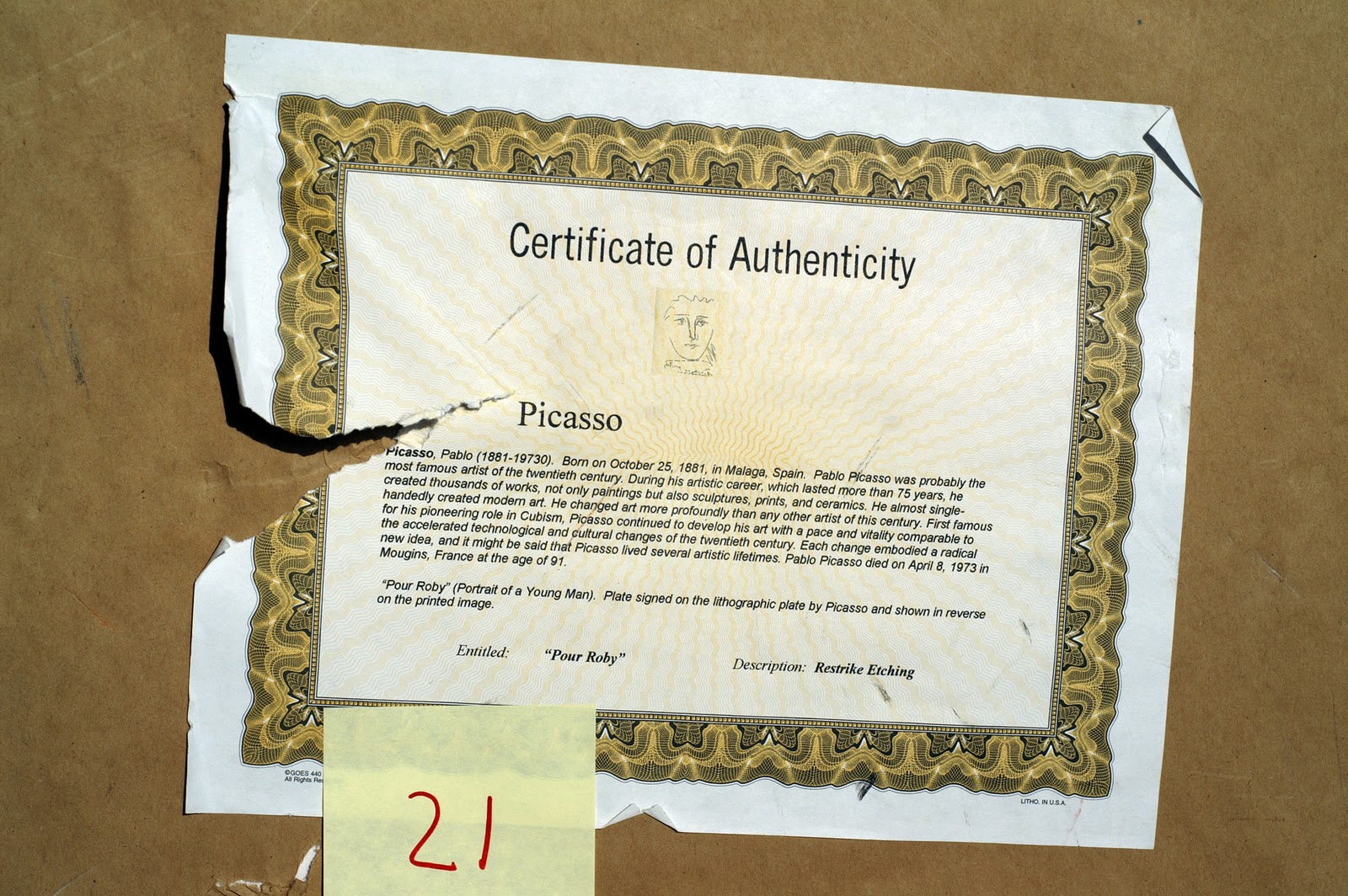 LAPD Art Cop and his example of a fake Certificate of Authenticity ...