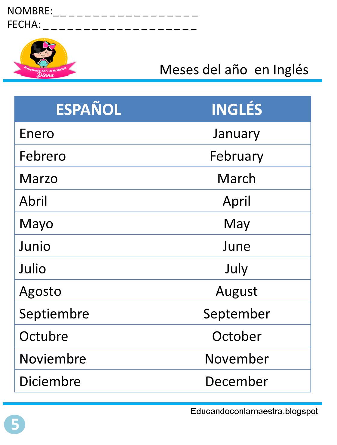 Educando con la Maestra: Dias de las semana y Meses en Ingles/ fichas ...