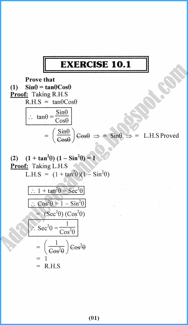 Adamjee Coaching: Trigonometric Identities - Exercise 10.1 - Mathematics 11th