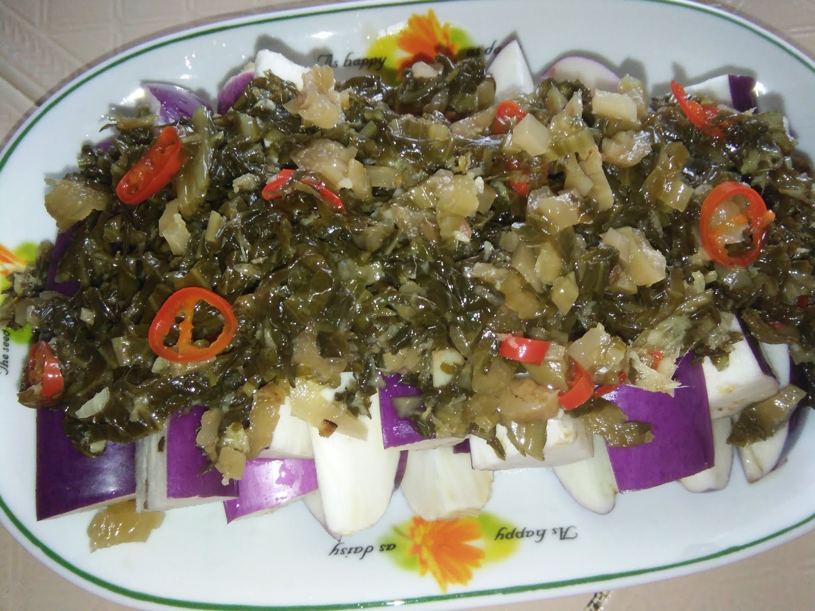 Cooking Pleasure: STEAMED EGGPLANT WITH FRIED MUI CHOY