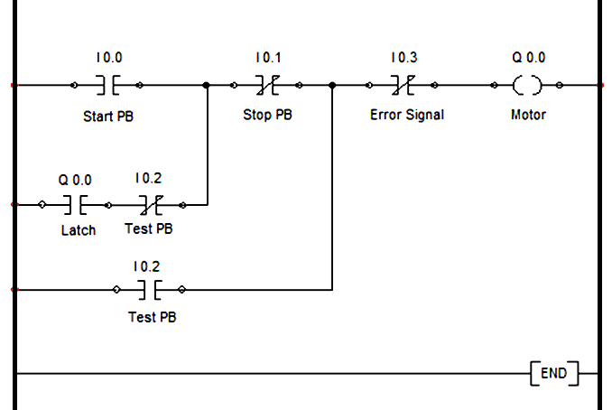 PLC Motor Logic with START, STOP, TEST Push buttons