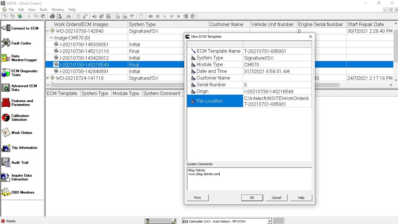 ECM Templates on Cummins INSITE Software (CUMMINS Engines) - Blog.Teknisi