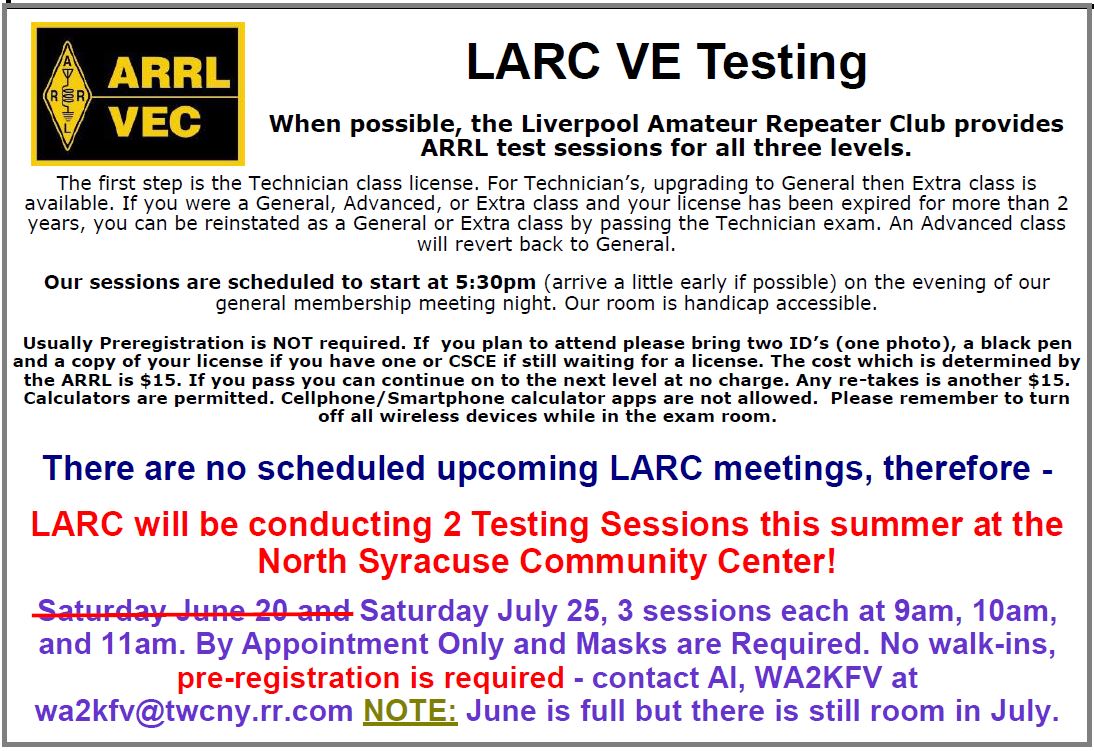Upstate NY HAM Radio News & Information: Liverpool ARC - VE Testing