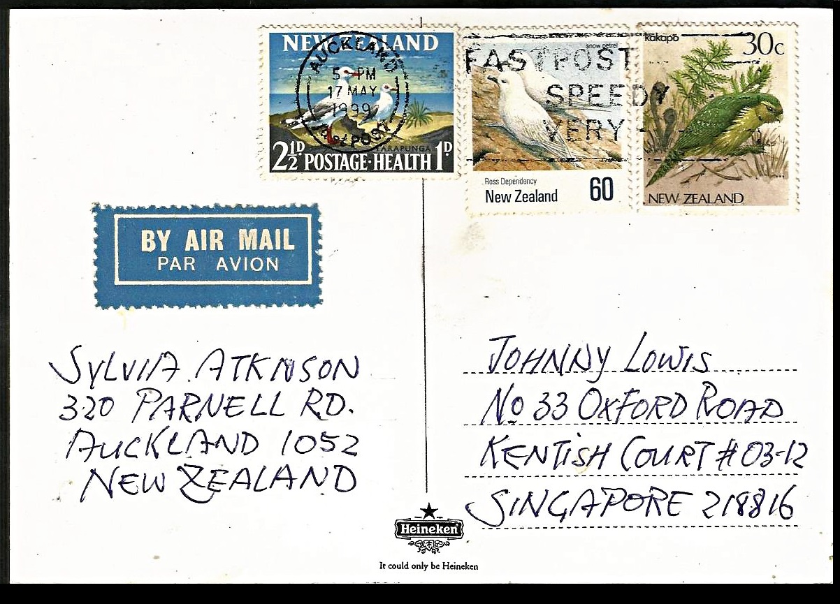 Airmail Labels and Bird Stamps on Post Cards: New Zealand