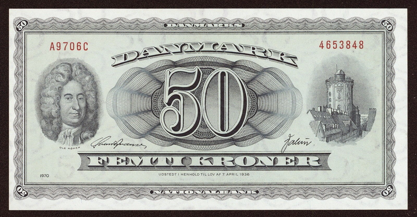 Denmark 50 krone banknote 1970 Ole Christensen Rømer|World Banknotes ...