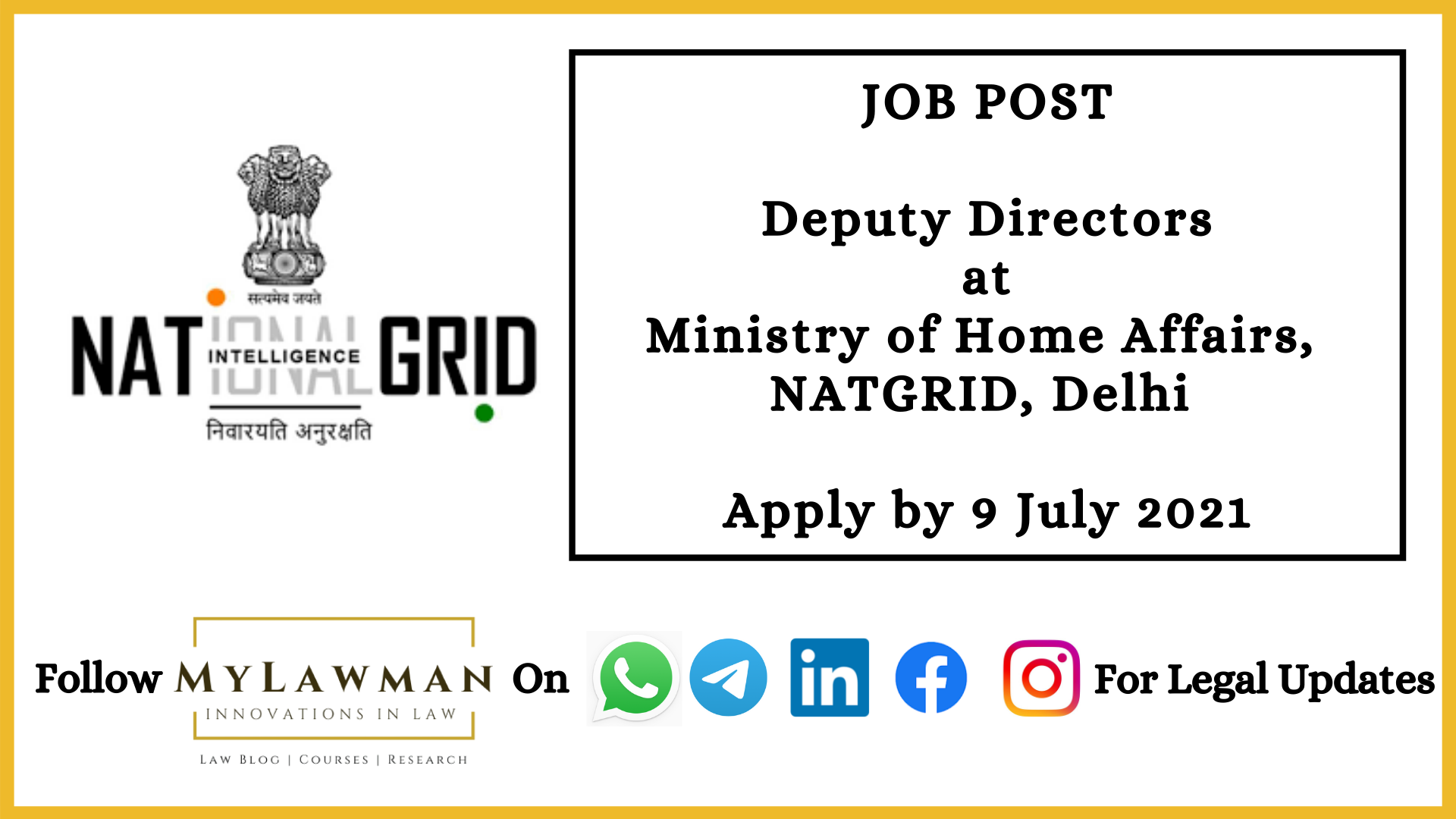 [Job Post] Deputy Directors at Ministry of Home Affairs, NATGRID, Delhi ...