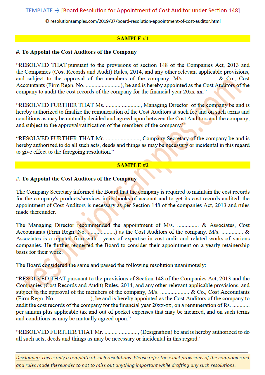 Draft Board Resolution Appointment of Cost Auditor Section 148