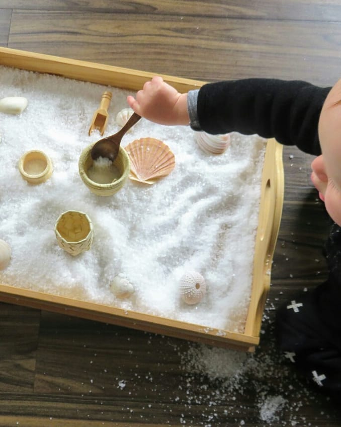 Mindful play with rock salt, shells and treasures