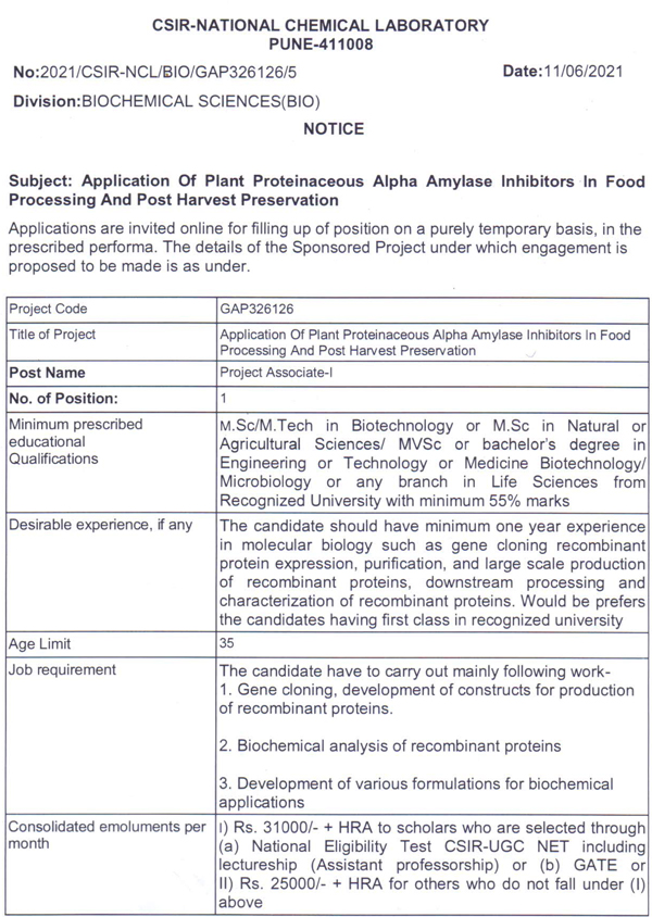 NCL Pune Molecular Biology Project Vacancy for Recombinant Protein ...