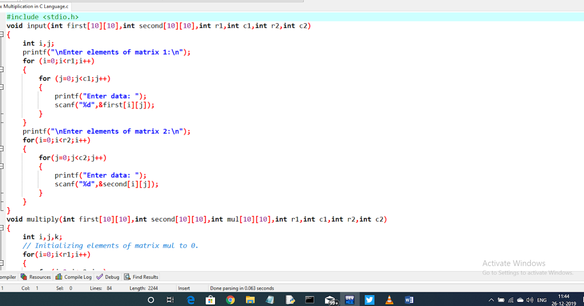 Matrix Multiplication in C Language