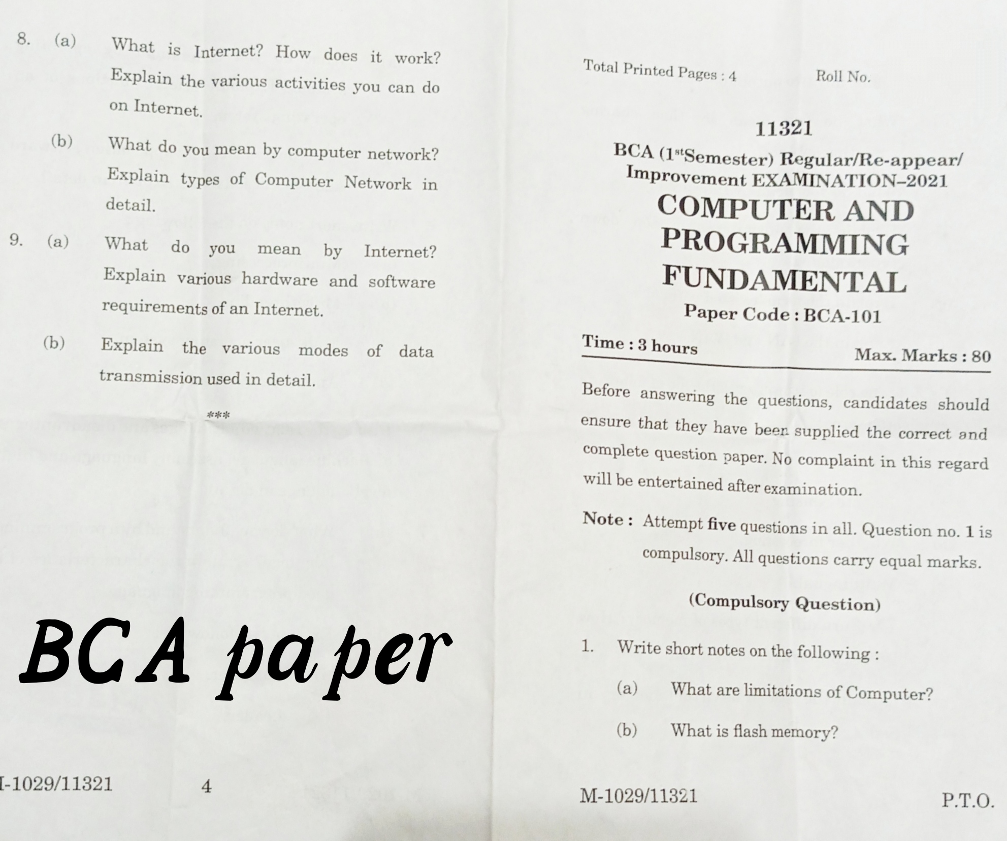BCA PREVIOUS YEAR PAPER 2021