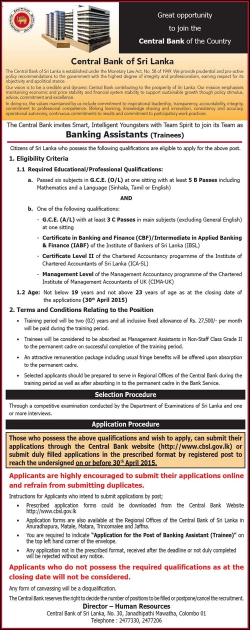 Vacancies for Banking Assistants (Trainees) at Central Bank