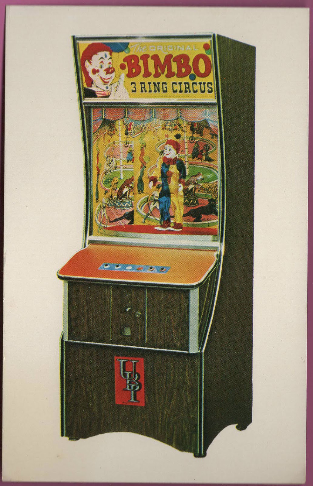 Papergreat: Promotional postcard for arcade game with Bimbo the clown