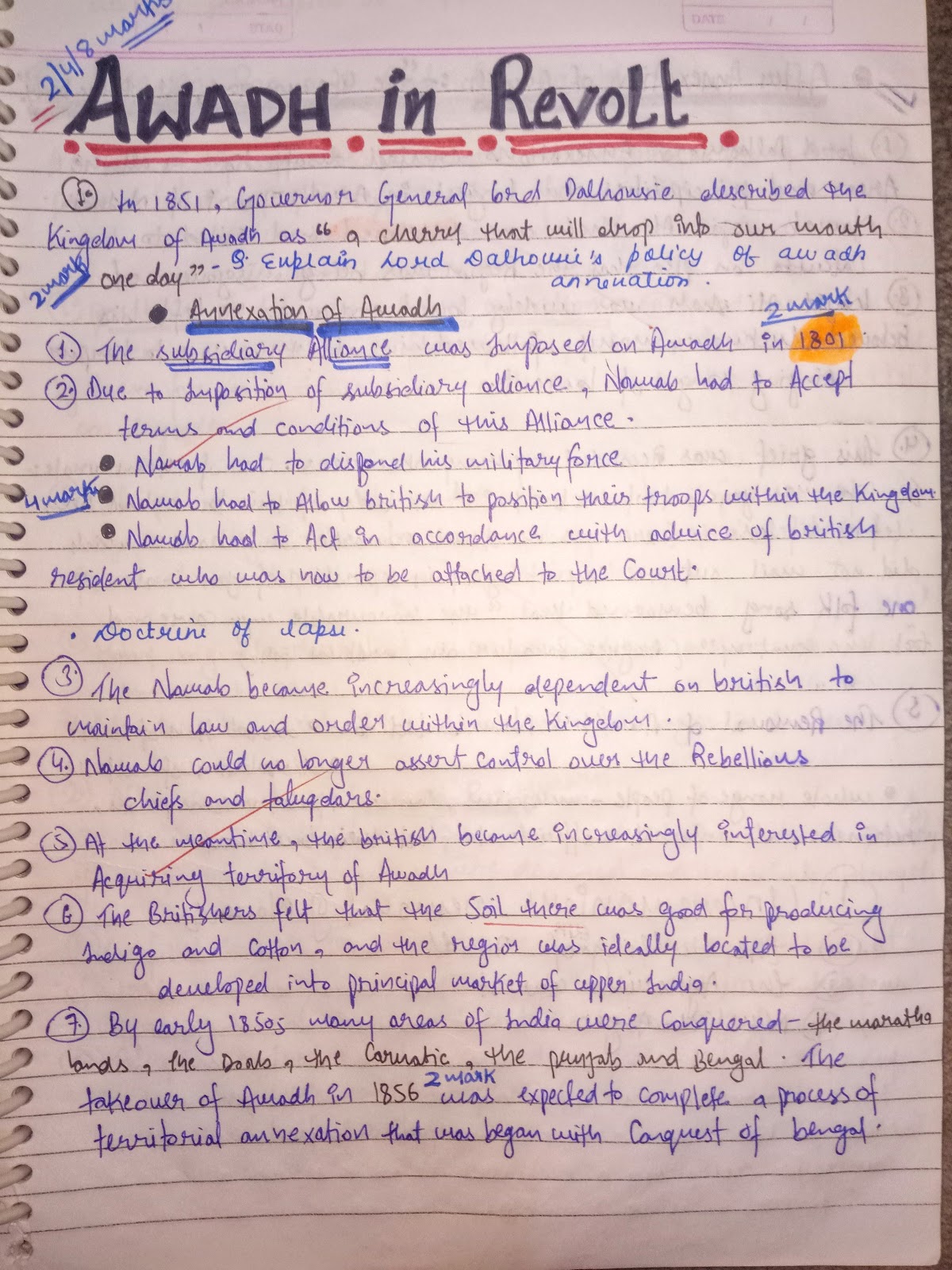 Handwritten Notes of Rebels and Raj - History - Class 12th - Humanities
