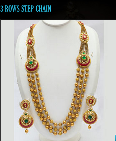Jewellery Designs : 3 Rows Step Chain with earrings