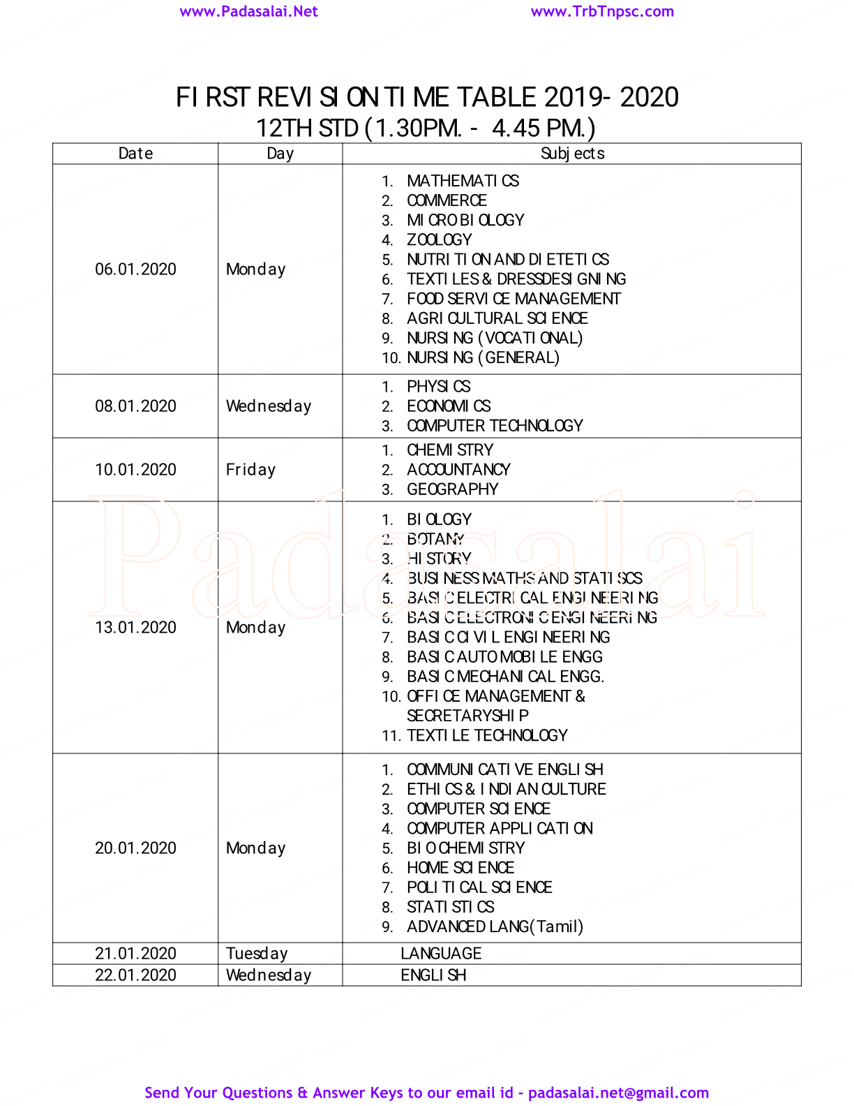 Revision Test 2020 - Time Table ~ Padasalai.Net - No.1 Educational Website