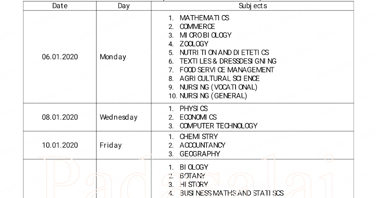 Revision Test 2020 - Time Table ~ Padasalai.Net - No.1 Educational Website