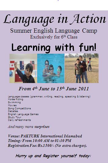 English Language Summer Camp at PAKTURK Islamabad ~ PAKTURK ENGLISH ...