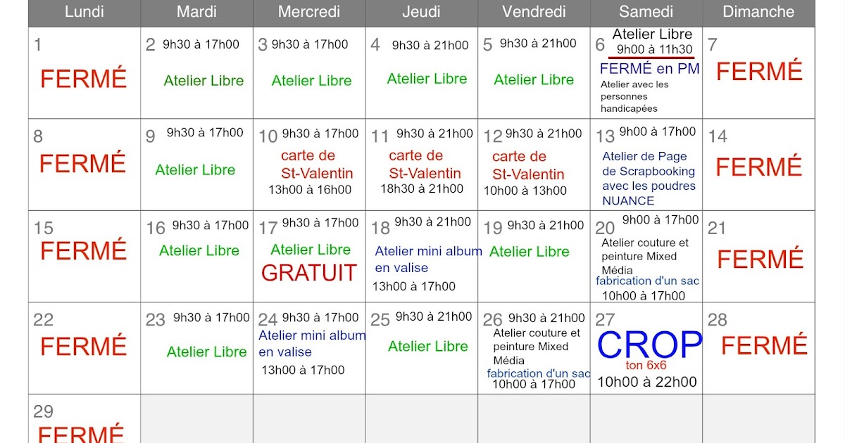 Couleur Papier: calendrier et horaire de février 2016