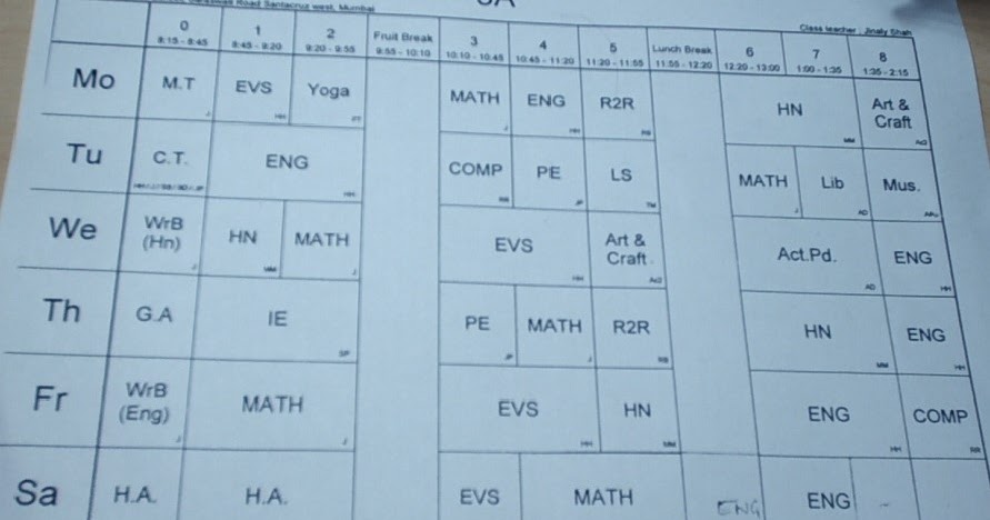 New timetable of class 3A