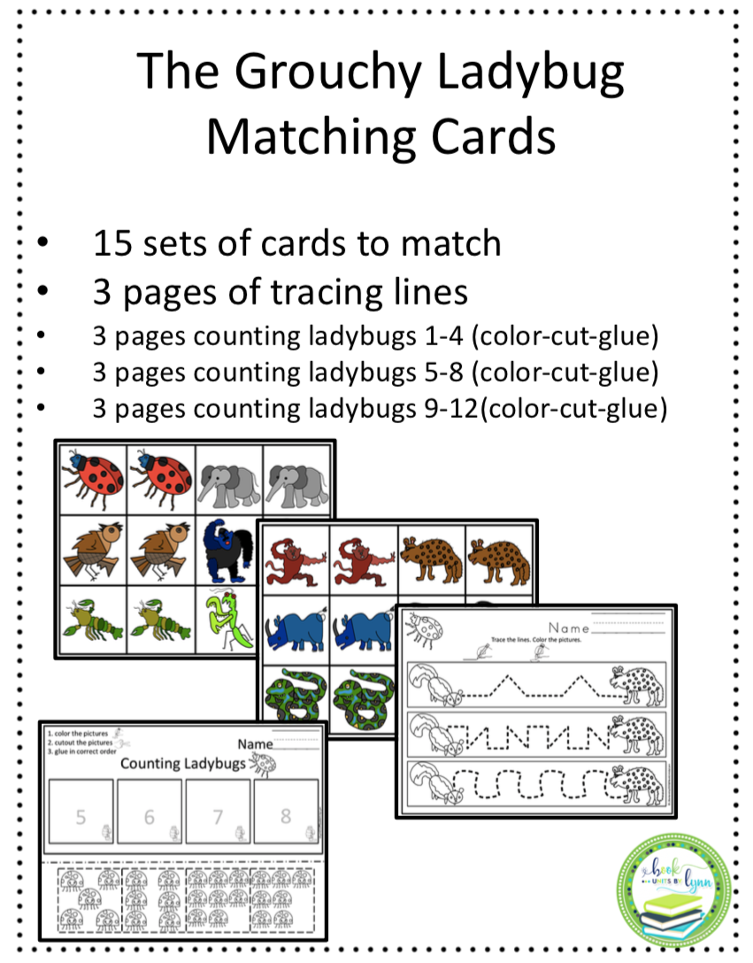 THE GROUCHY LADYBUG MATCHING, COUNTING AND TRACING ~ Book Units by Lynn