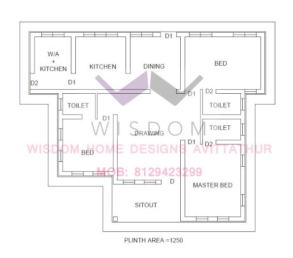 Budget 3 Bedroom Attached Kerala Veedu Free Plan with 1250 Square Feet ...