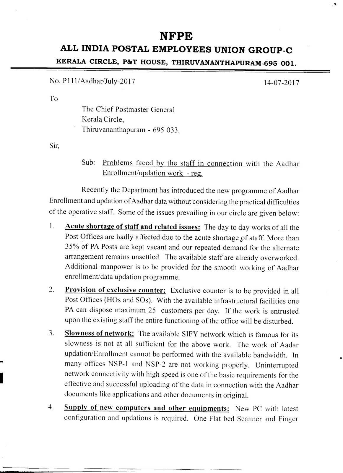 NFPE PALAKKAD 678001: NFPE LETTER TO CPMG