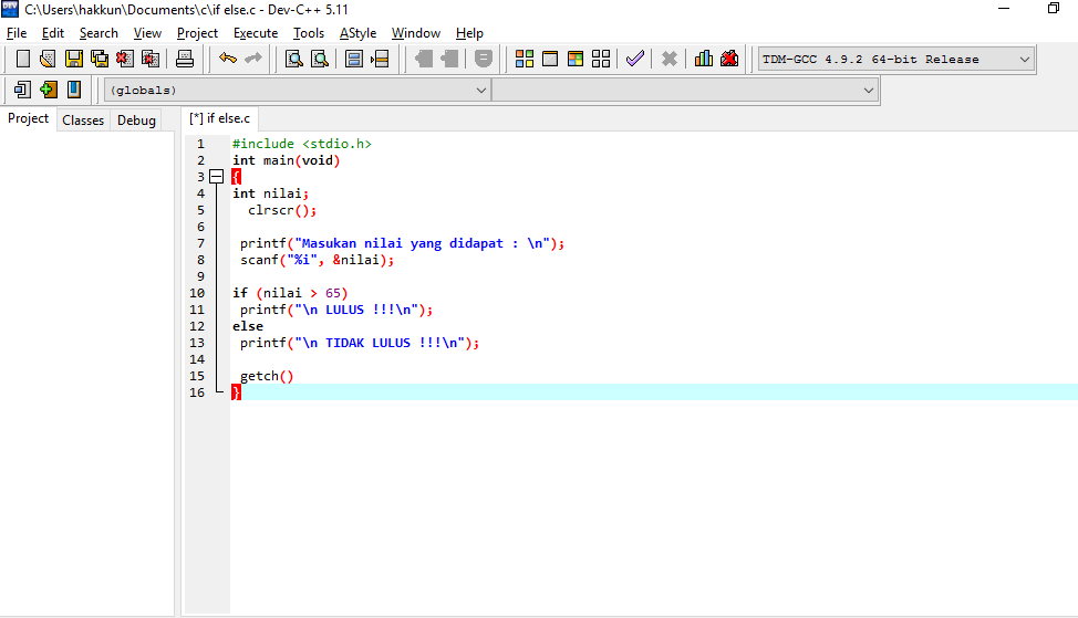 Struktur Kondisi "IF.....ELSE" di Pemrograman Bahasa C