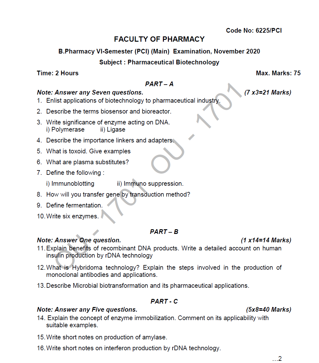 Osmania University B. Pharmacy VI-Semester (PCI) (Main) Subject ...