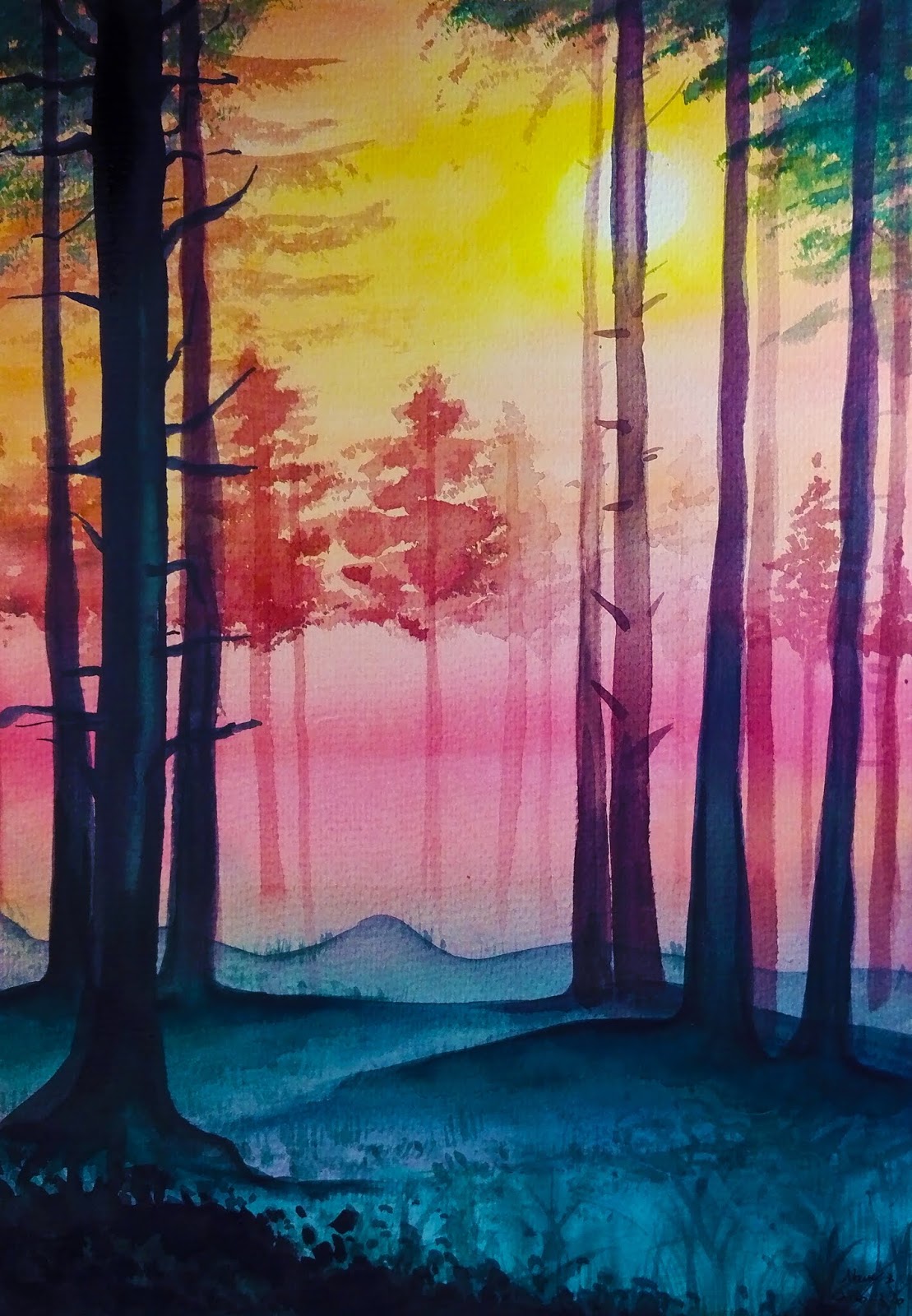 How to draw pink style forest landscape step by step tutorial for beginner