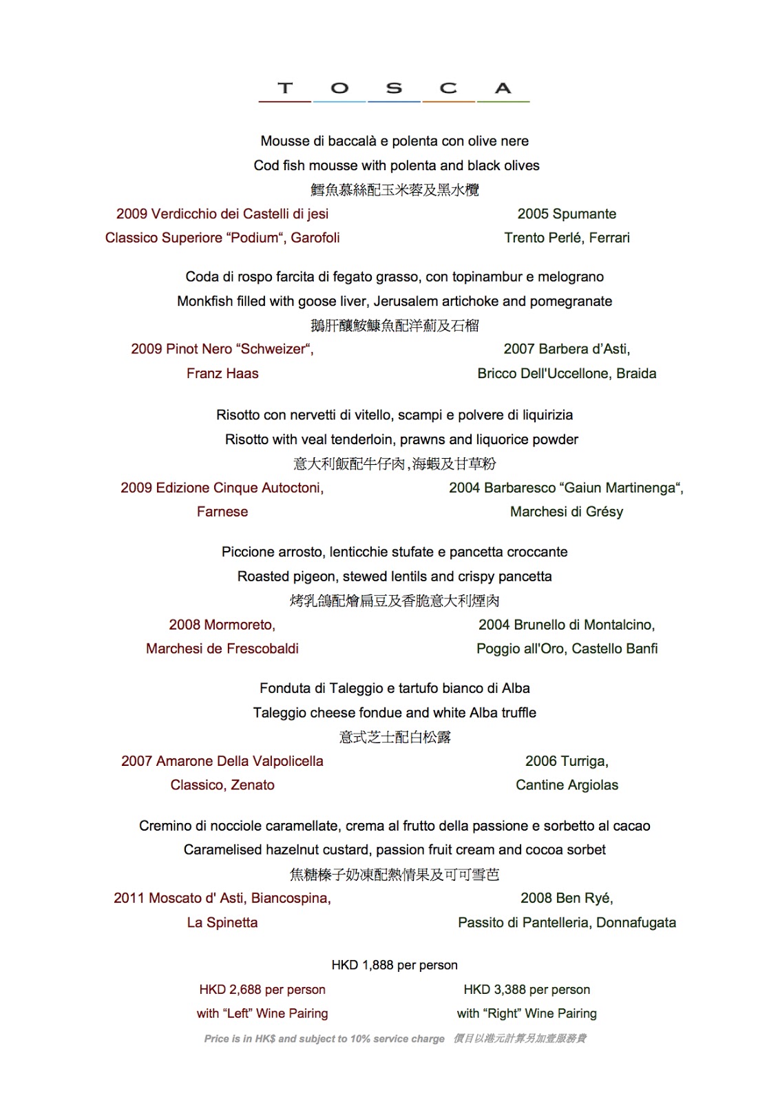 Dinner Menu prepared by Michelin 3-star Chef