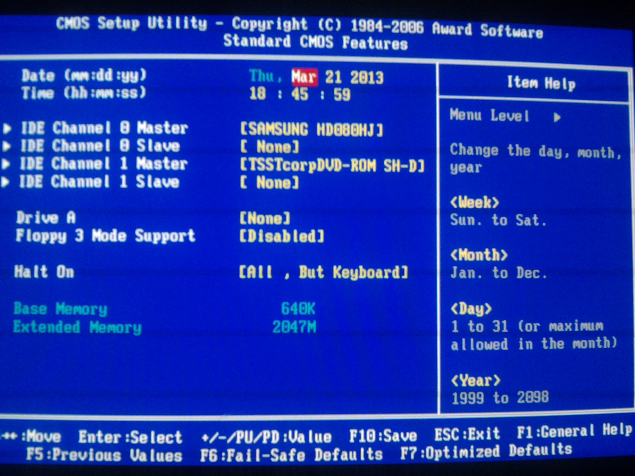 Modulo informatica: Menús de una BIOS Award software