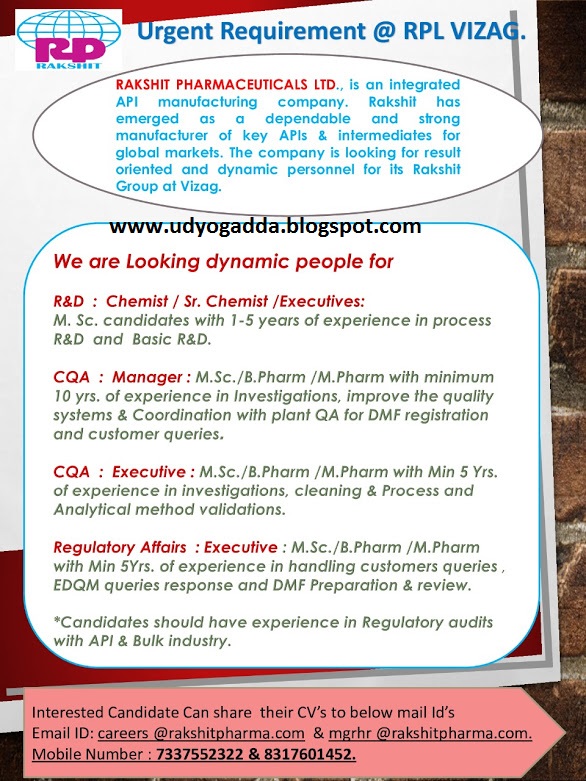 UDYOG ADDA: Rakshit Pharmaceuticals Ltd (RPL) - Urgent Requirement for R&D / CQA / Regulatory ...