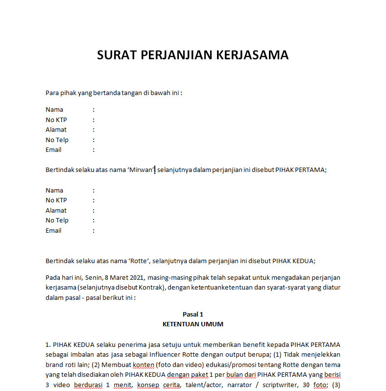 Contoh Surat Perjanjian Kerjasama Jasa / Partnership | Mirwan Choky