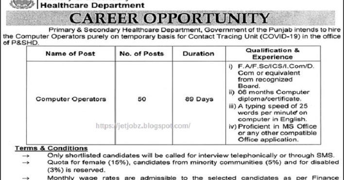 Computer Operator Jobs Primary & Secondary Healthcare Department Punjab ...