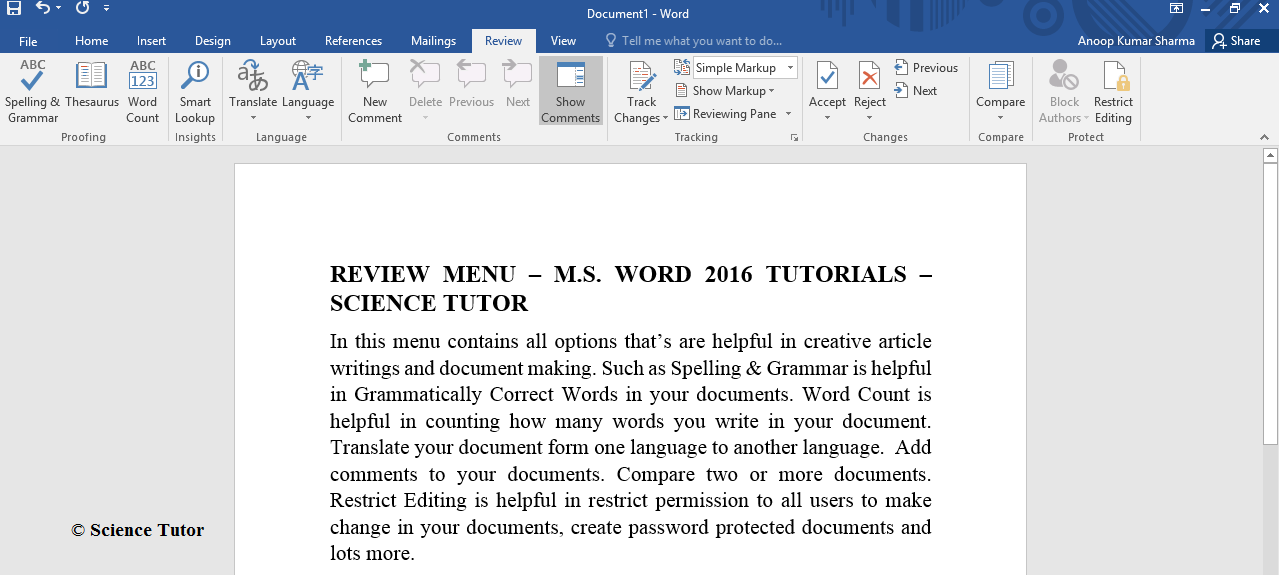 REVIEW MENU – M.S. WORD 2016 TUTORIALS – SCIENCE TUTOR