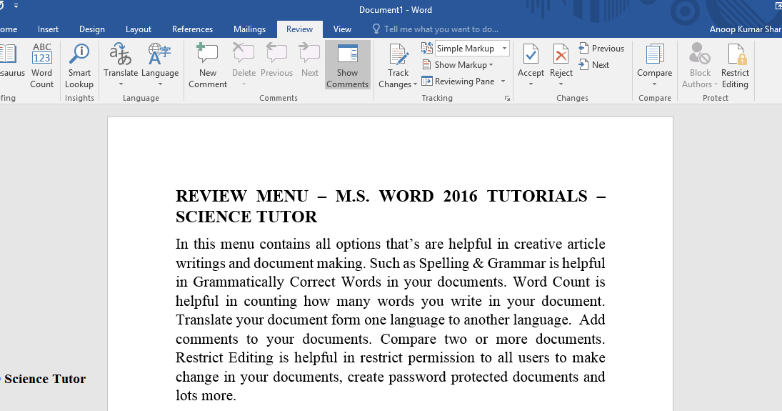 REVIEW MENU – M.S. WORD 2016 TUTORIALS – SCIENCE TUTOR
