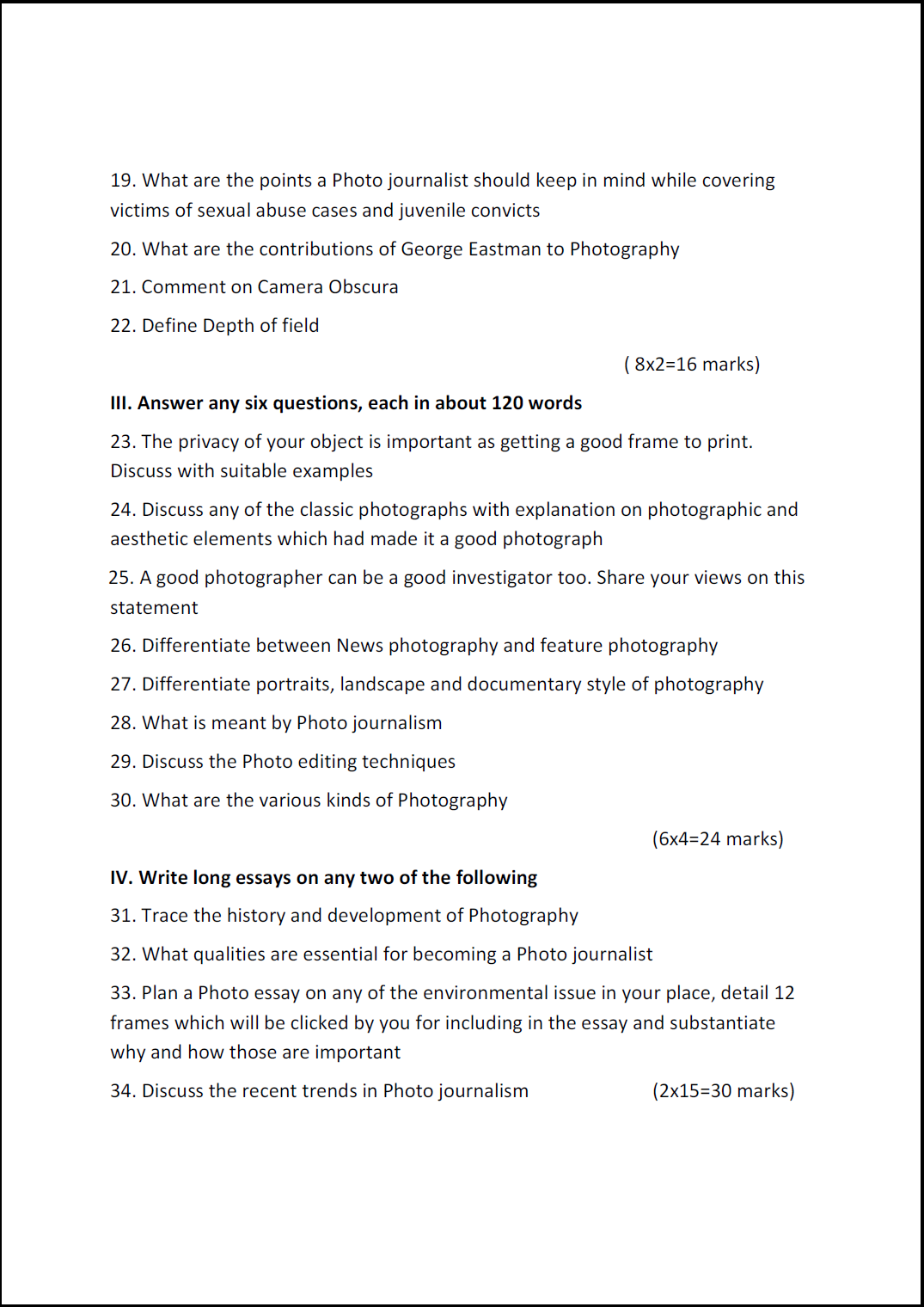 Kerala University B.A Photo Journalism 2016 Question Paper - University ...