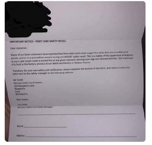 Police warn about the worst bank scam letter ever recieved seen in the UK