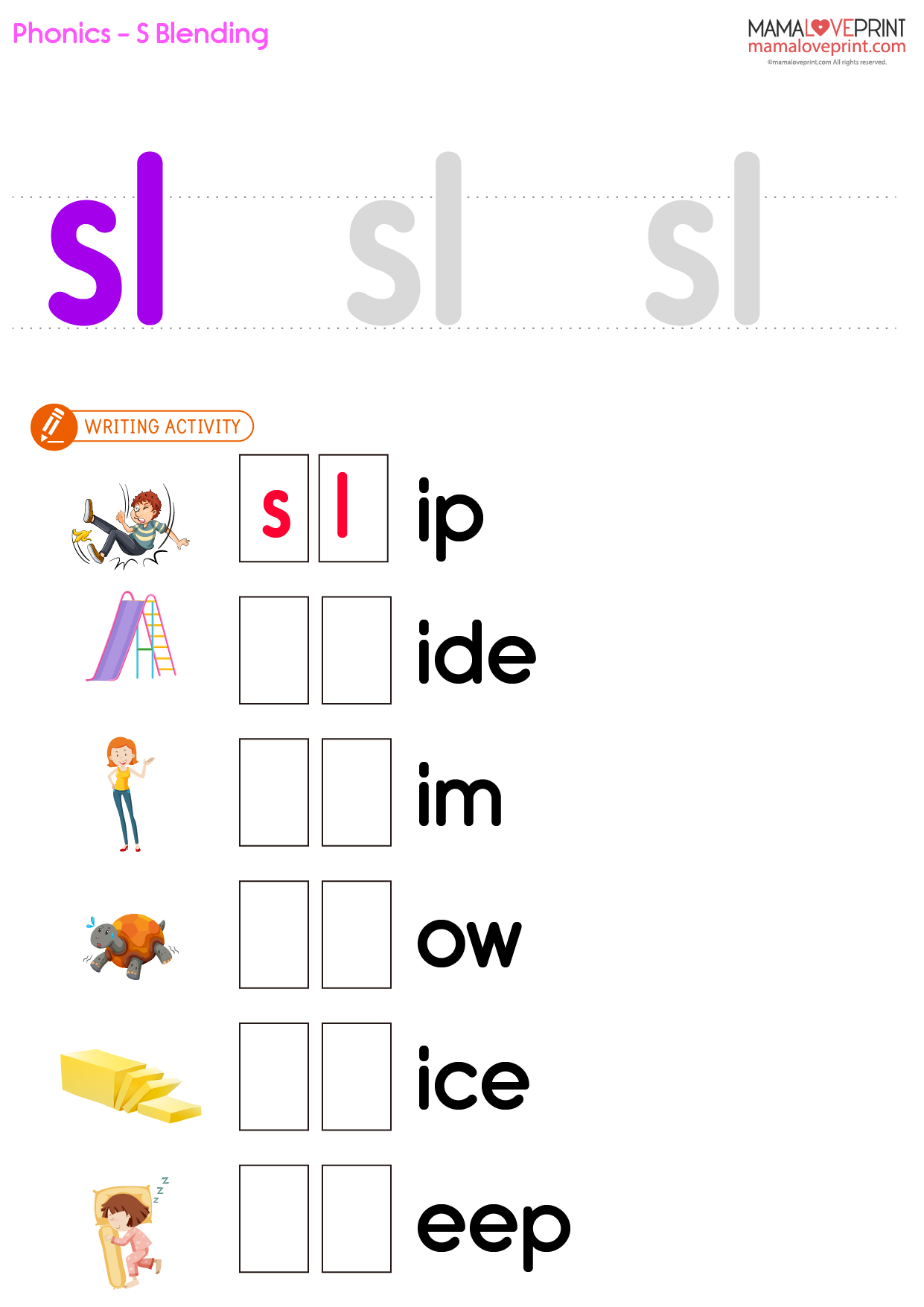 MamaLovePrint 自製工作紙 - Phonics Resources 英文拼音練習 S-Blend (sc , sk , sl ...